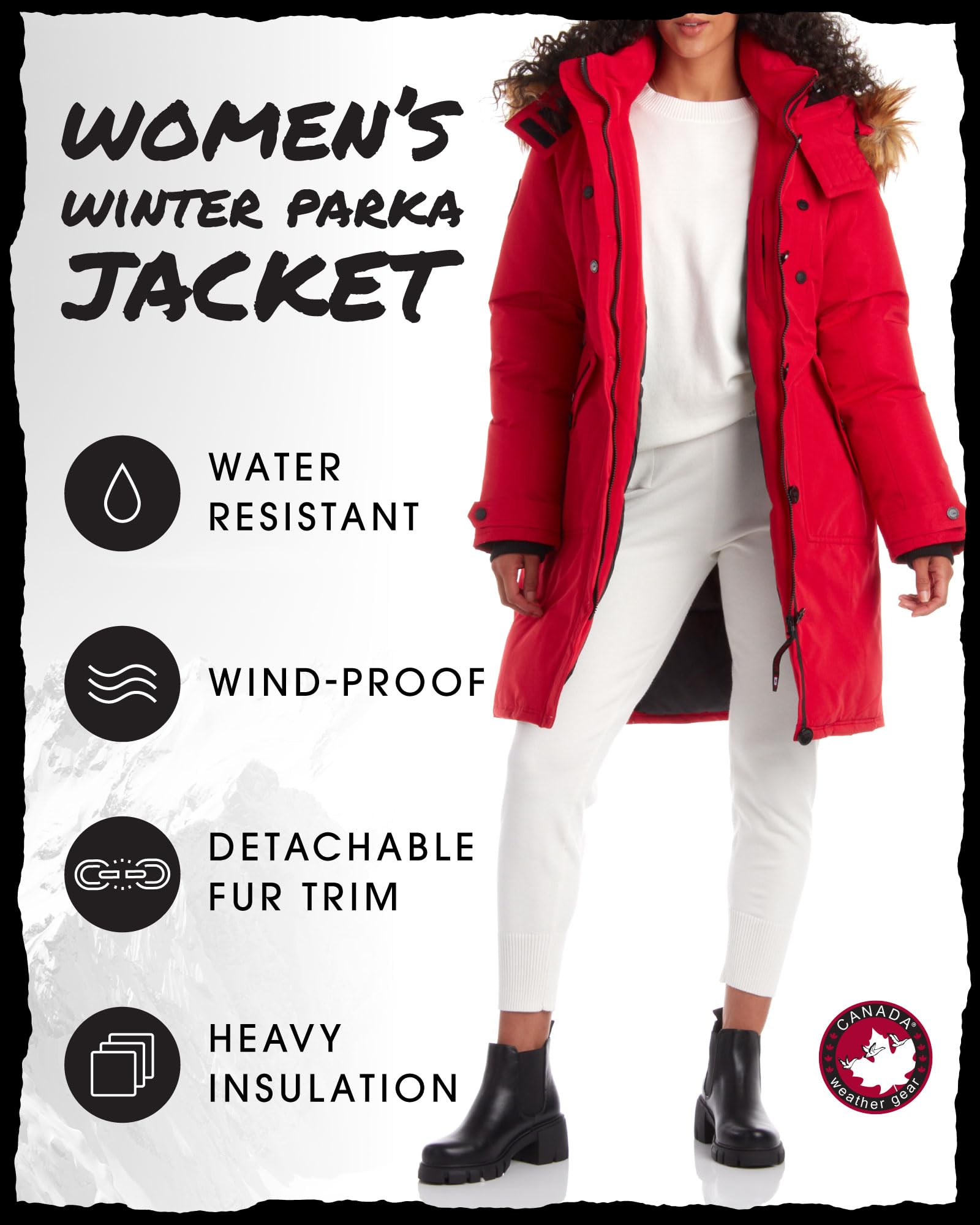 CANADA WEATHER GEAR Women's Winter Coat - Stadium Parka Jacket, Fur Trim Hood (S-3XL), Size Medium, Red Apple