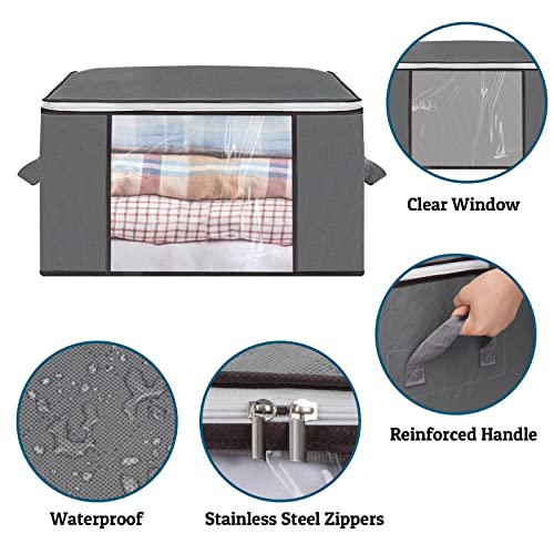 MecTo 3 Pack Clothes Storage Bag Large Capacity Under Bed Storage Organizer with Reinforced Handle Foldable Thick Fabric Storage Containers for Comforters, Blankets, Bedding (90L, Grey)