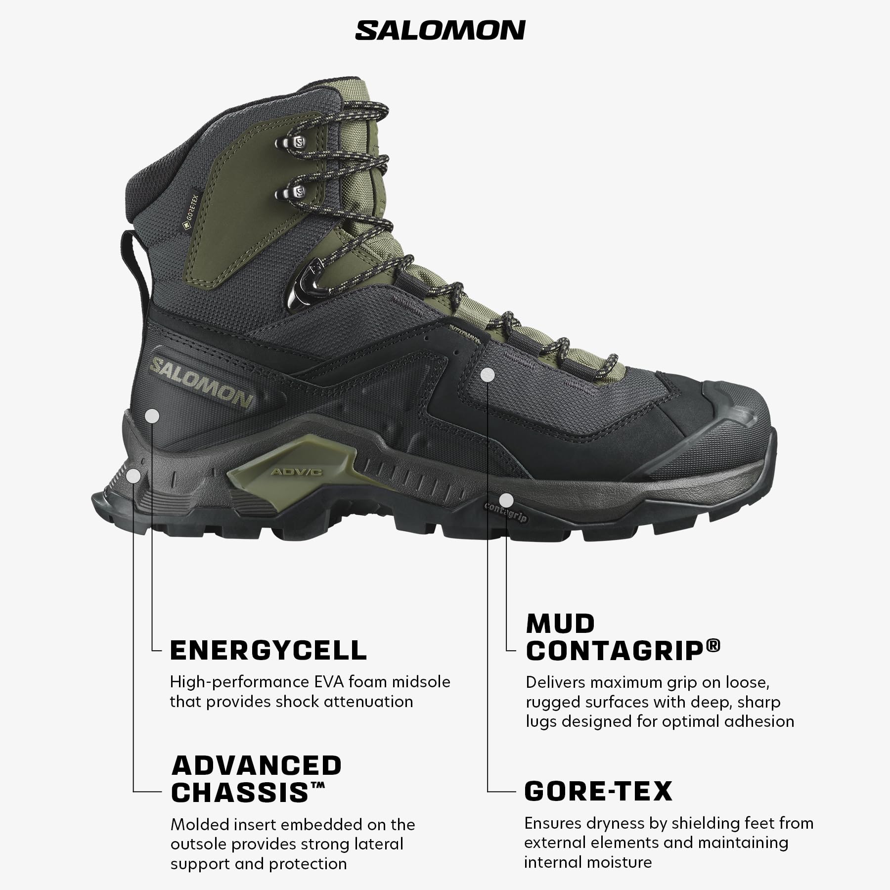 Salomon Men's QUEST ELEMENT GORE-TEX Leather Hiking Boots for Men, Black / Deep Lichen Green / Olive Night, 11.5