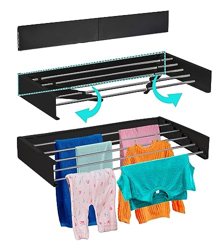 EWODE Clothes Drying Rack Wall Mounted, Collapsible Retractable Laundry Drying Rack, 60 lbs Capacity, 13,1 Linear Ft, 31,5" Width (Black)