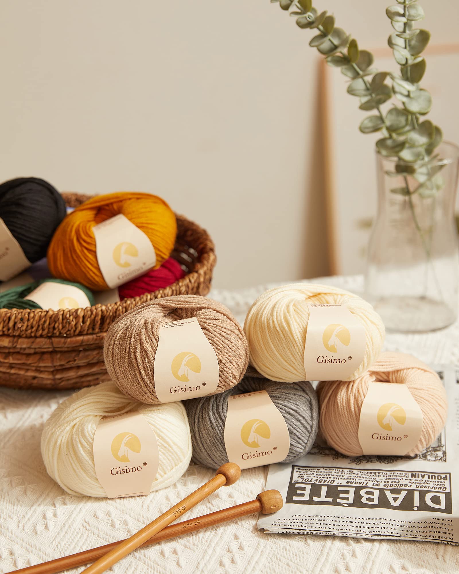 GISIMO 100% Merino Wool Yarn, 6-Ply Luxurious and Soft Yarn for Hand Knitting & Crocheting, 1.76 OZ/50g, 127 yds/116 Meters (Ivory, 1 Ball)