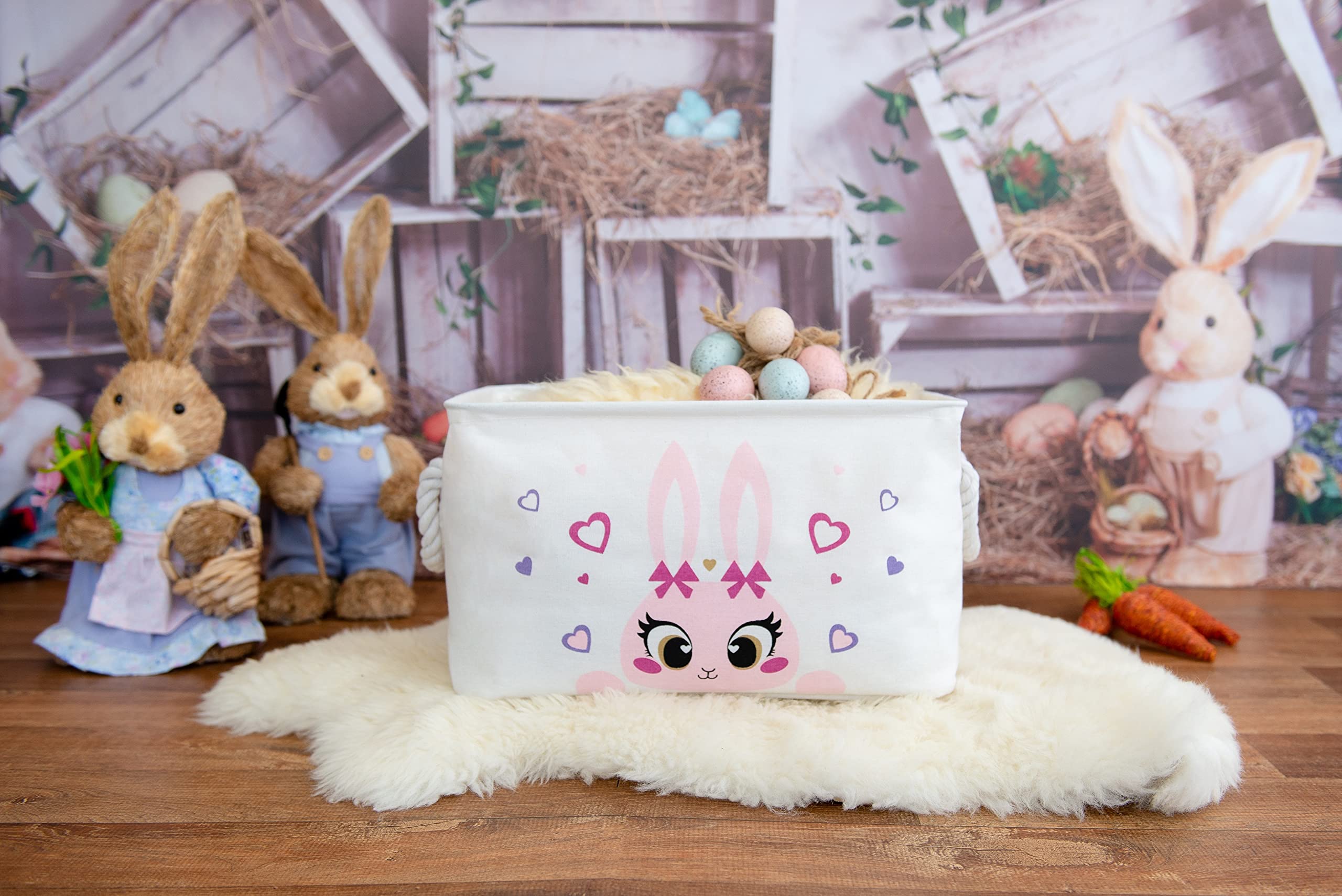 Kazulo Pink Bunny Easter Basket For kids, Rectangle Rabbit Basket, Easter Basket for Girls, Egg Hunt Bag For Boys and Girls,, Kids Easter Basket, Bunny Basket (Pink Bunny)