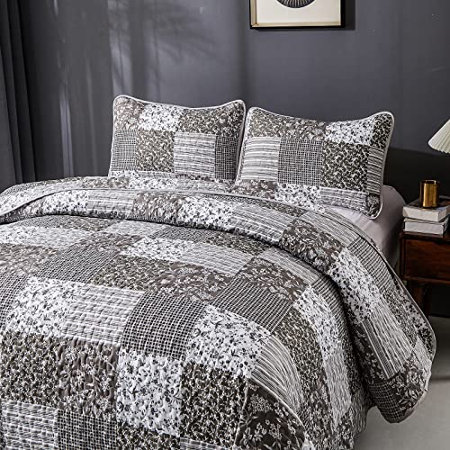 Mybedsoul Grey Boho Quilt Set Queen Size,3 Pieces Plaid Floral Bedspread Coverlet Set for All Season,Patchwork Reversible Bedding Set Queen 90"x96"