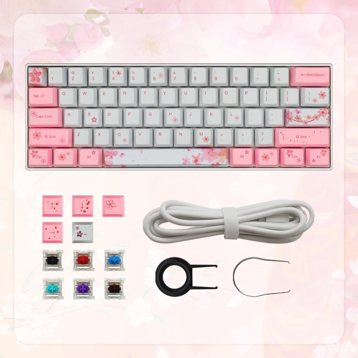 Manbala ZMX Cherry Blossom 61 Mechanical Keyboard,60%Compact Mechanical 61Keys 5.0Bluetooth/Type-C Wired Dual-Mode RGB Backlit Five-Sided Sublimation PBT Keycap Gaming Keyboard (Brown Switch, Pink)