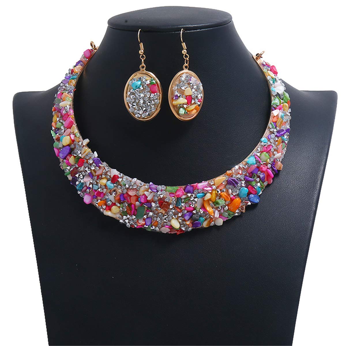 Rhinestone Collar Gold Alloy Metal Necklace For Women Stone Bangle Earring Jewelry Accessories 3pcs Sets (3pcs colorful sets)