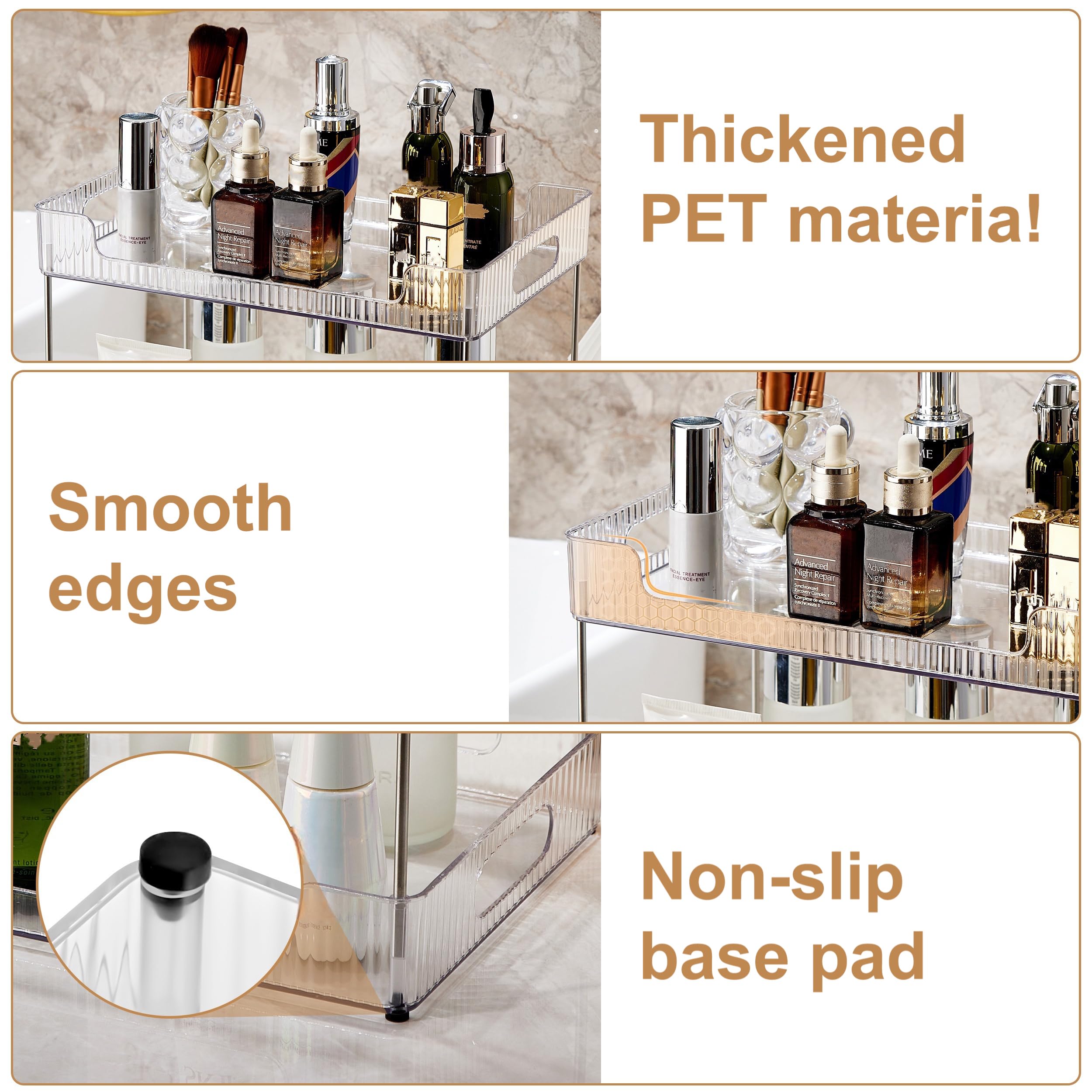 Goderewild 3-Tier Bathroom Counter Organizer, Multi-Purpose Cosmetics Skincare Shelf, Fits A4 Size Makeup Organizer for Office and Vanity Tray, Countertop Storage Solution for Kitchen,Bath.(Clear)