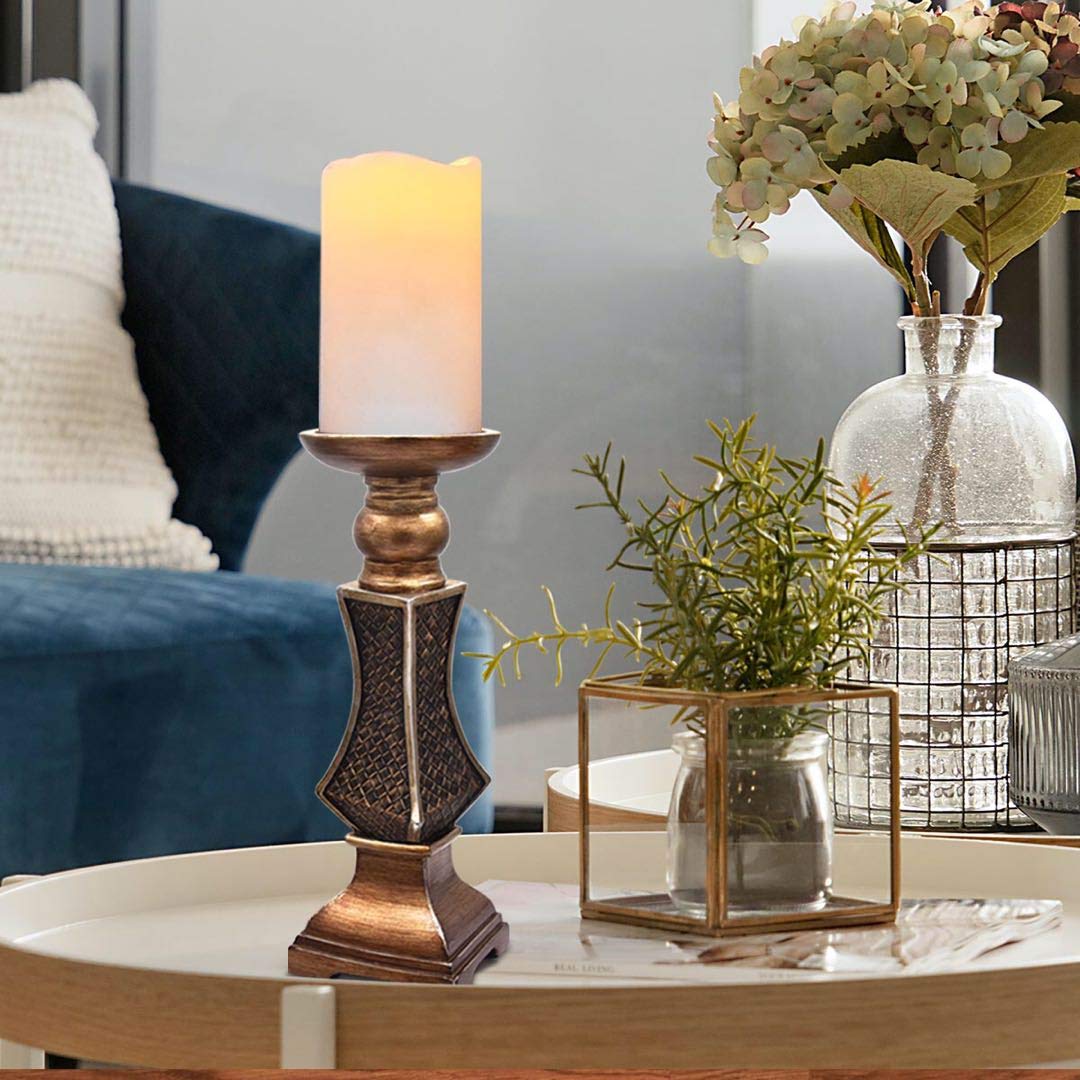 QUABUY Resin Candle Holders (Set of 3) Small 8", Medium 10", Large 12" (H). Ideal for Home Decorations for Living Room, Dining Room Table, Weldings, Parties, Special Events ( Gold )