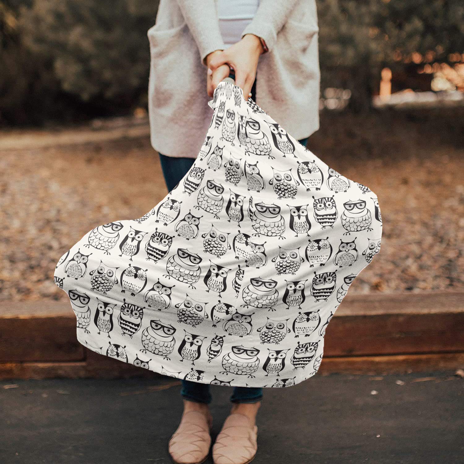 Breastfeeding Nursing Cover Multi Use for Baby Car Seat Cute Owl Collection Stretchy Breathable Shawl for Stroller High Chair Shopping Cart Canopy