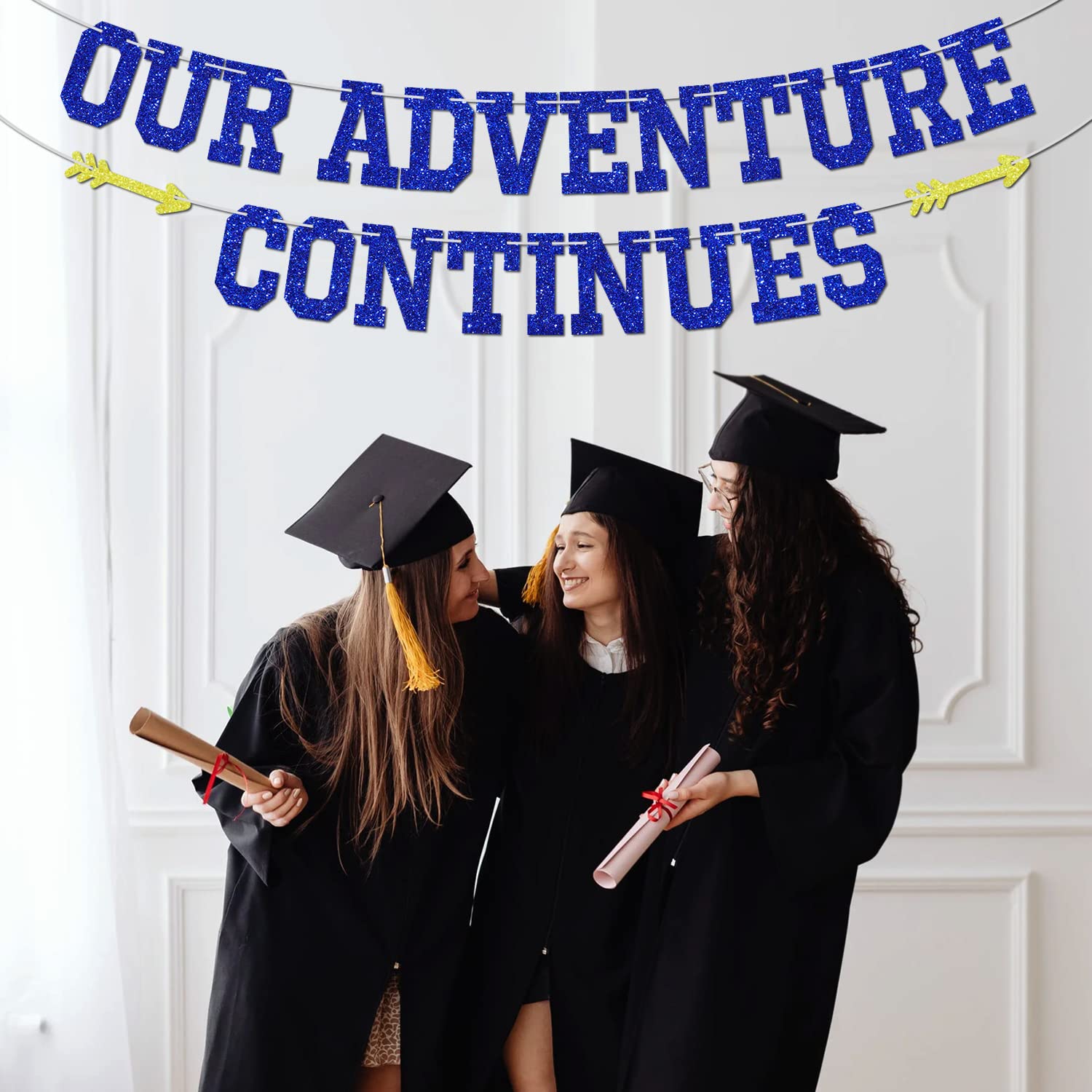 Our Adventure Continues Banner, Let the Adventure Begin Bunting Garlands, Travel Themed/Wedding/Graduation/Retirement Party Decorations Supplies, Blue Glitter