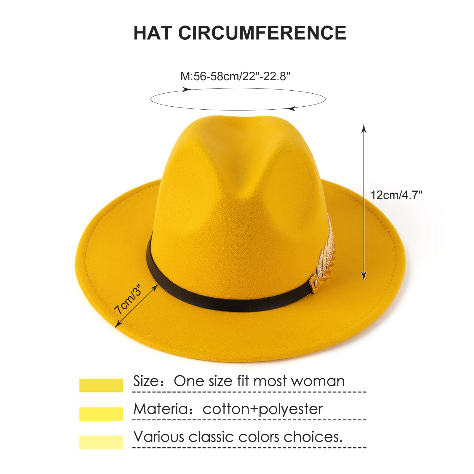 HUDANHUWEI Women's Wide Brim Fedora Panama Hat with Metal Belt Buckle W Yellow