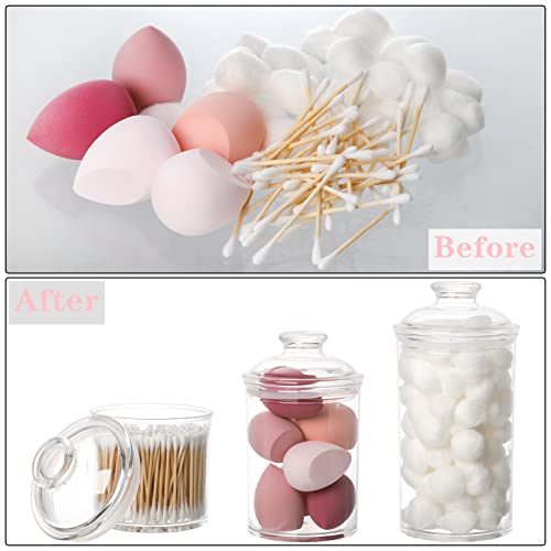 Lyellfe Set of 3 Acrylic Apothecary Jars, Vanity Organizer Canister with Airtight Lids, Bathroom Qtip Holder, Clear Storage Jar for Candy, Bath Salt, Cotton Ball, Cotton Swab, 34 oz, 25 oz, 17 oz