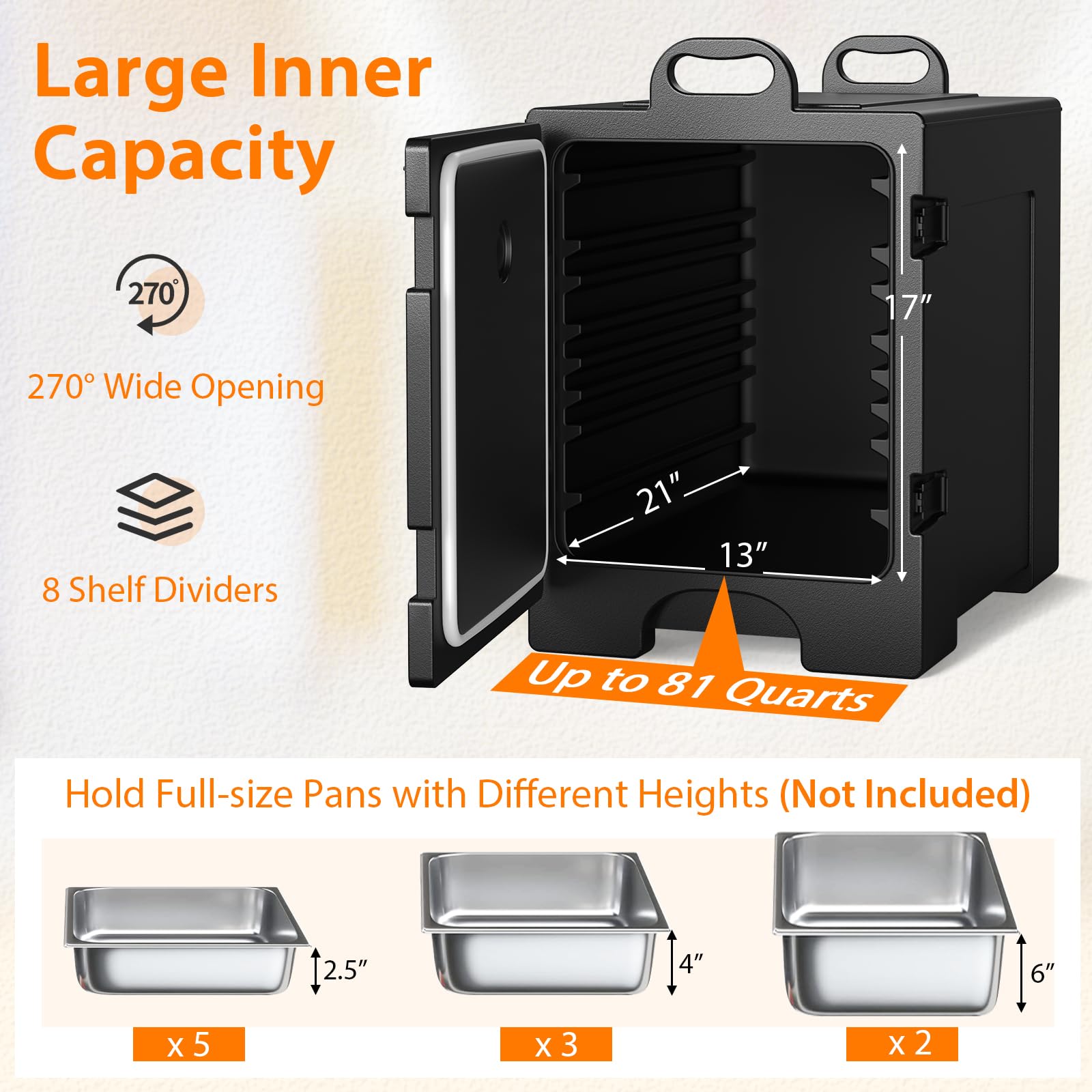 GOFLAME Catering Food Warmers, Hot Boxes Catering for 5 Full-Size Pan, 81 Quart Capacity, Stackable, Handles, Portable Insulated Food Carrier for Family Gathering, Canteen, Restaurant