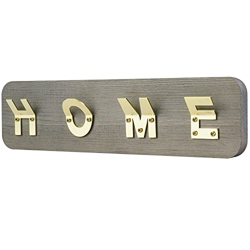 MyGift Wall Mounted Entryway Coat Rack with Brass Tone Metal Home Letter Hook and Vintage Gray Wood Backing, Hanging Organizer for Coat, Hats, Scarves, Lanyard, Leash
