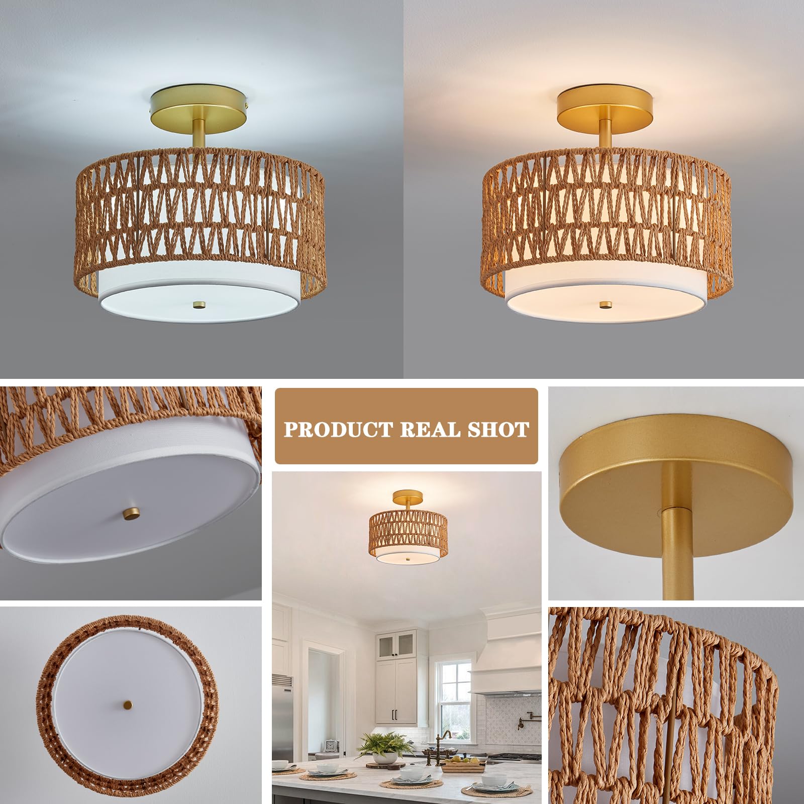 BUXVRCS Boho Light Fixtures Ceiling, 3-Light Hand-Woven Rattan Light Fixture, Farmhouse Drum Light Fixtures Ceiling Mount with Fabric Shade, Nursery Light Fixture for Bedroom Hallway Kitchen Entryway