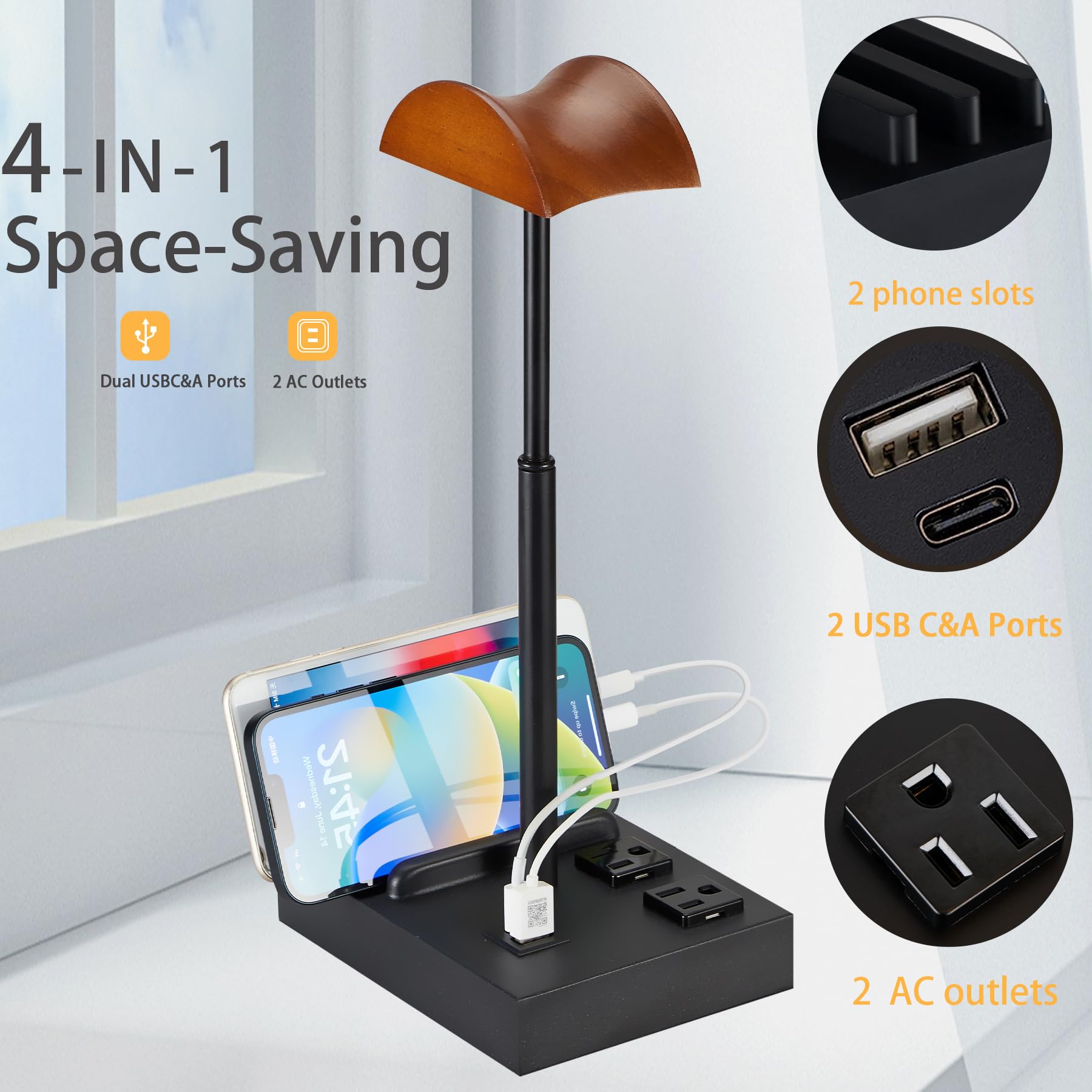 CASTLELIFE Headphone Stand Desktop Gaming Headset Holder with 2 AC Outlets and USB C&A Ports, Charging Station&Phone Stands, Height Adjustable Wood Earphone Table Game Accessories for Desktop Gamer