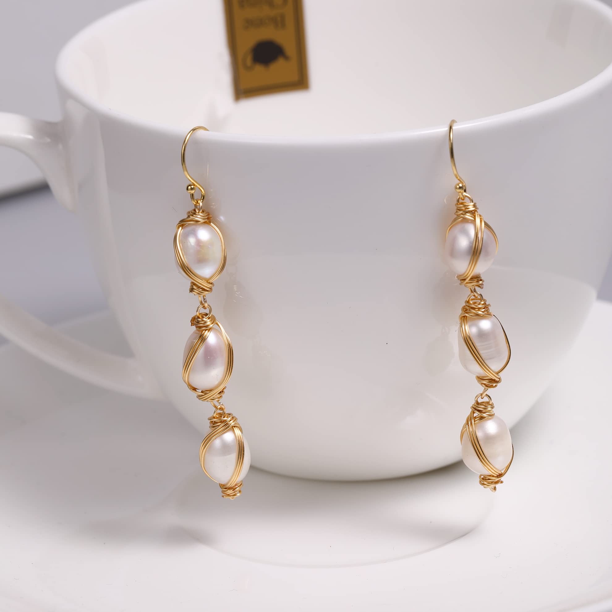 Cowlyn Pearl Earrings Baroque Cultured Handmade Wind Bossimi 925 Sterling Silver Post Long Chain Drop Dangle Statement Dainty Jewelry for Women