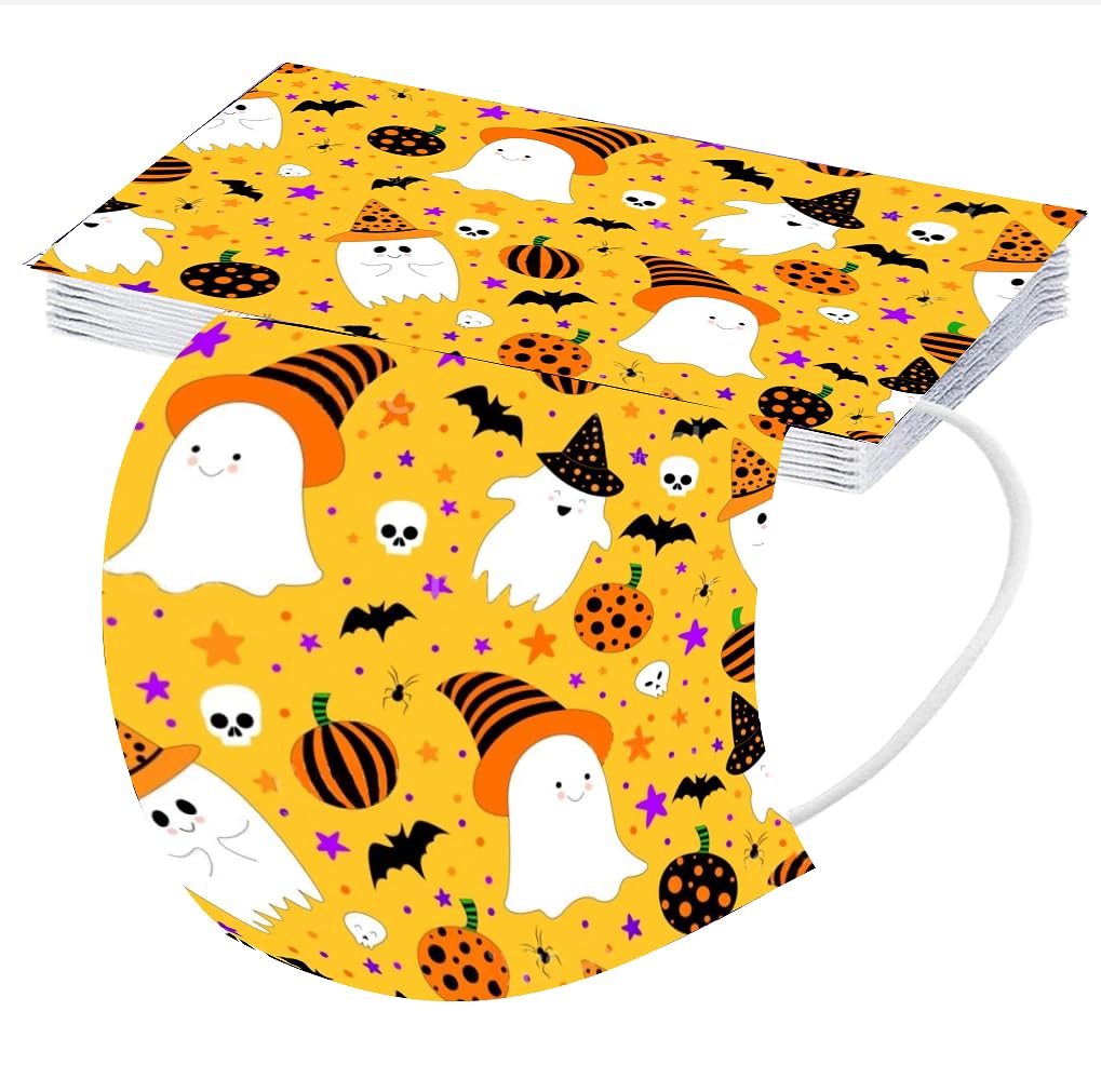 GOGCIAO Halloween Disposable Face Cover with Designs for Adults Women,3-Ply Pumkin Printed Pattern with Nose Wire,50Pcs (Halloweenn B)