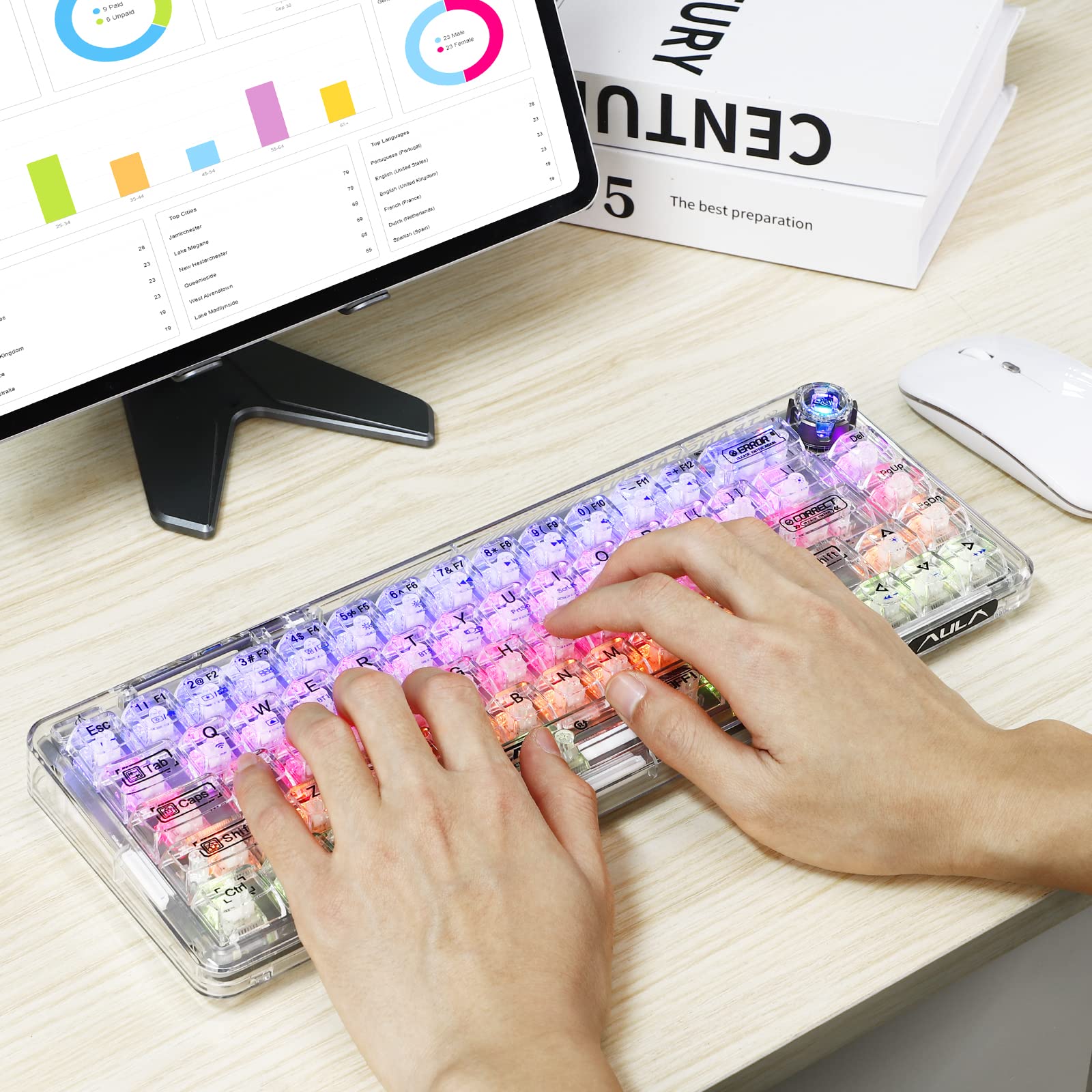 CHICHEN 60% Portable Mechanical Gaming Keyboard,Hot-swappable RGB Backlit Compact 68 Clear Keycaps,2.4Ghz Wireless/Bluetooth/USB-C,Transparent Gasket Ice Crystal Switch (Transparent White)