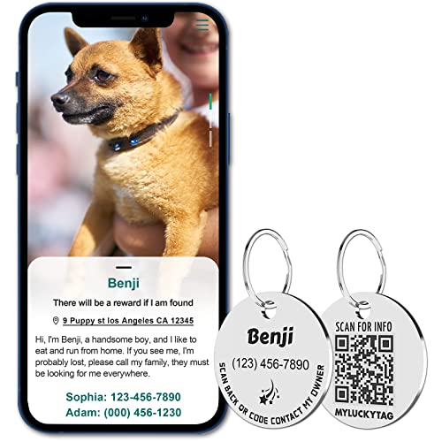 MYLUCKYTAG Personalized Pet ID Tags Dog Tags - Stainless Steel QR Code ID Tags - Pet Online Profile - Send Pet Location Alert Email When Scanning