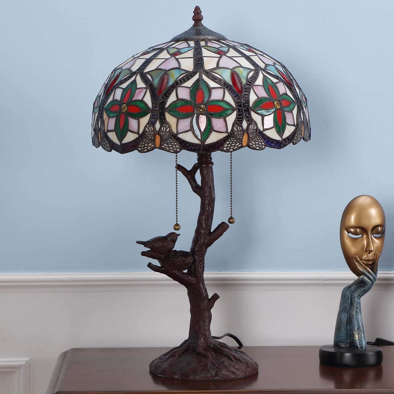 Bieye L10717 Cruciate Flower Butterfly Tiffany Style Stained Glass Table Lamp with 14 inches Wide Lampshade and Bird Nest Tree Trunk Base