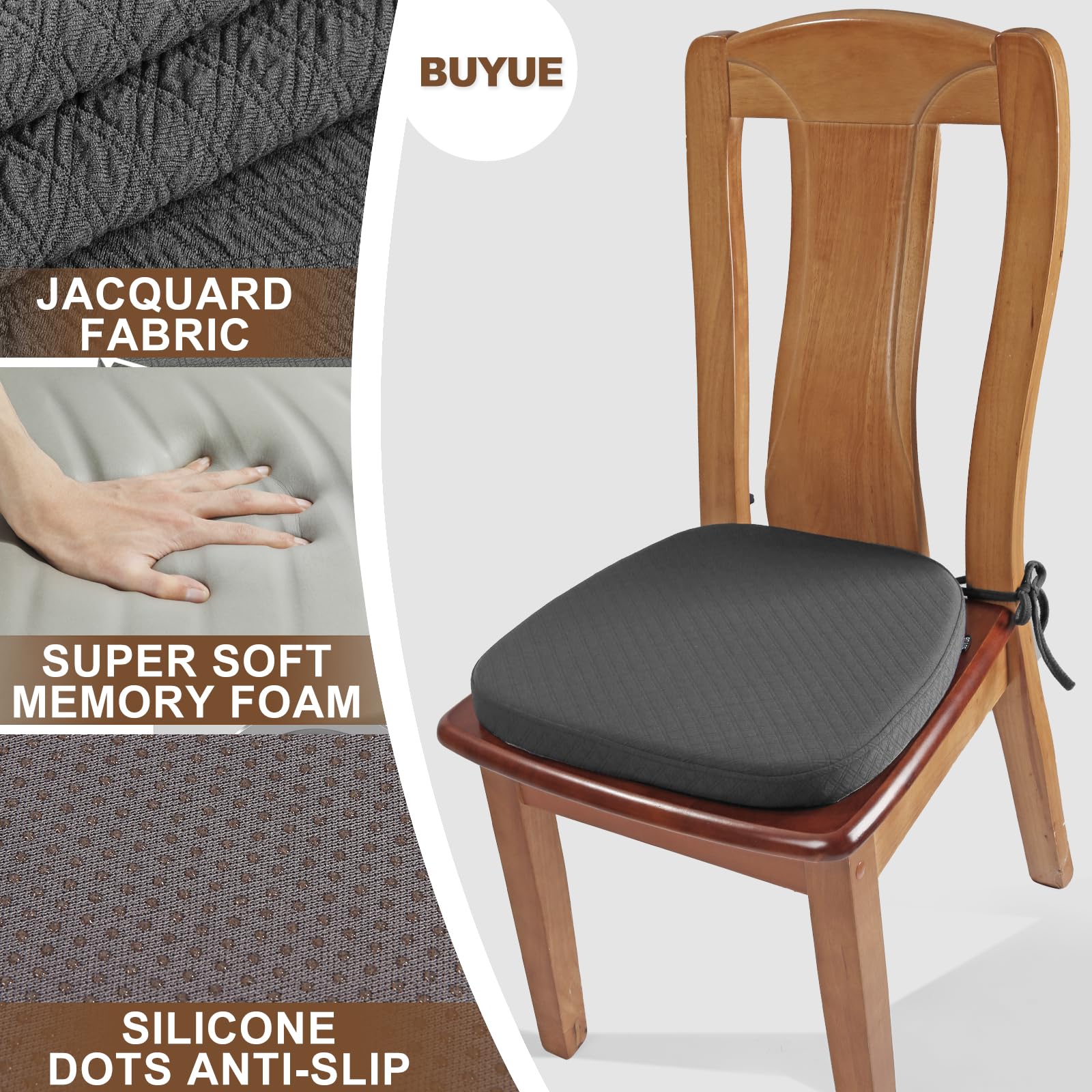 BUYUE Luxury 100% Pure Memory Foam Chair Cushion 1 Pack, Jacquard 16" U-shape Comfortable Dining Chair Pad, Removable Slip Resistant Kitchen Chair Seat Cushion, (1 piece, Grey)