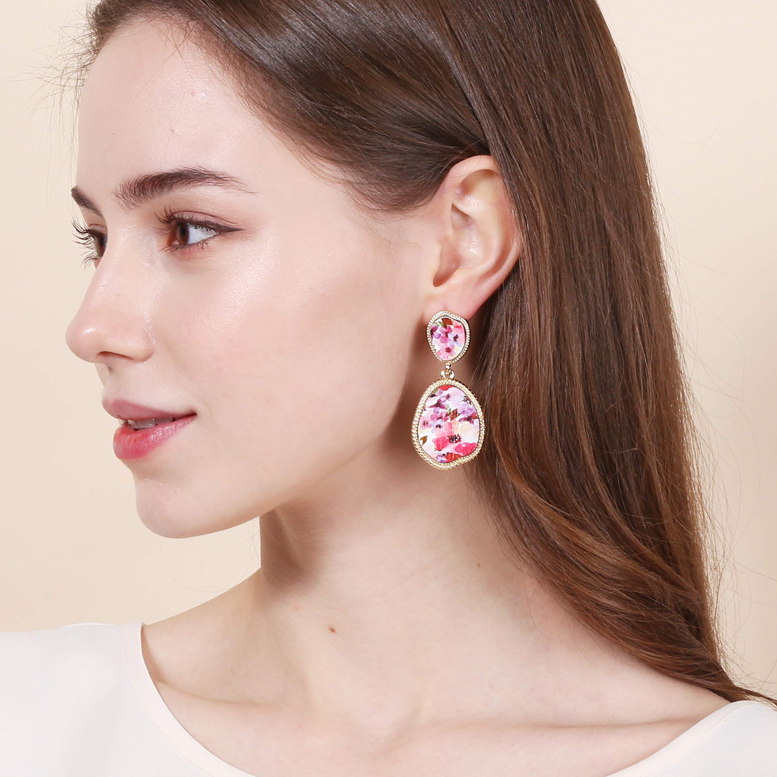 BONALUNA Bohemian Wood And Marble Effect Oval Shaped Drop Statement Earrings (TURQUOISE)