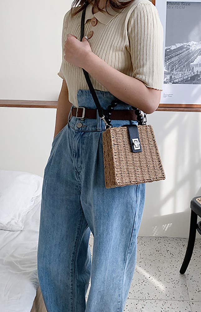 QZUnique Straw Bucket Bags for Women Top Handle Drawstring Woven Handbag Shoulder Bag Summer Beach Purses with Bamboo Handle