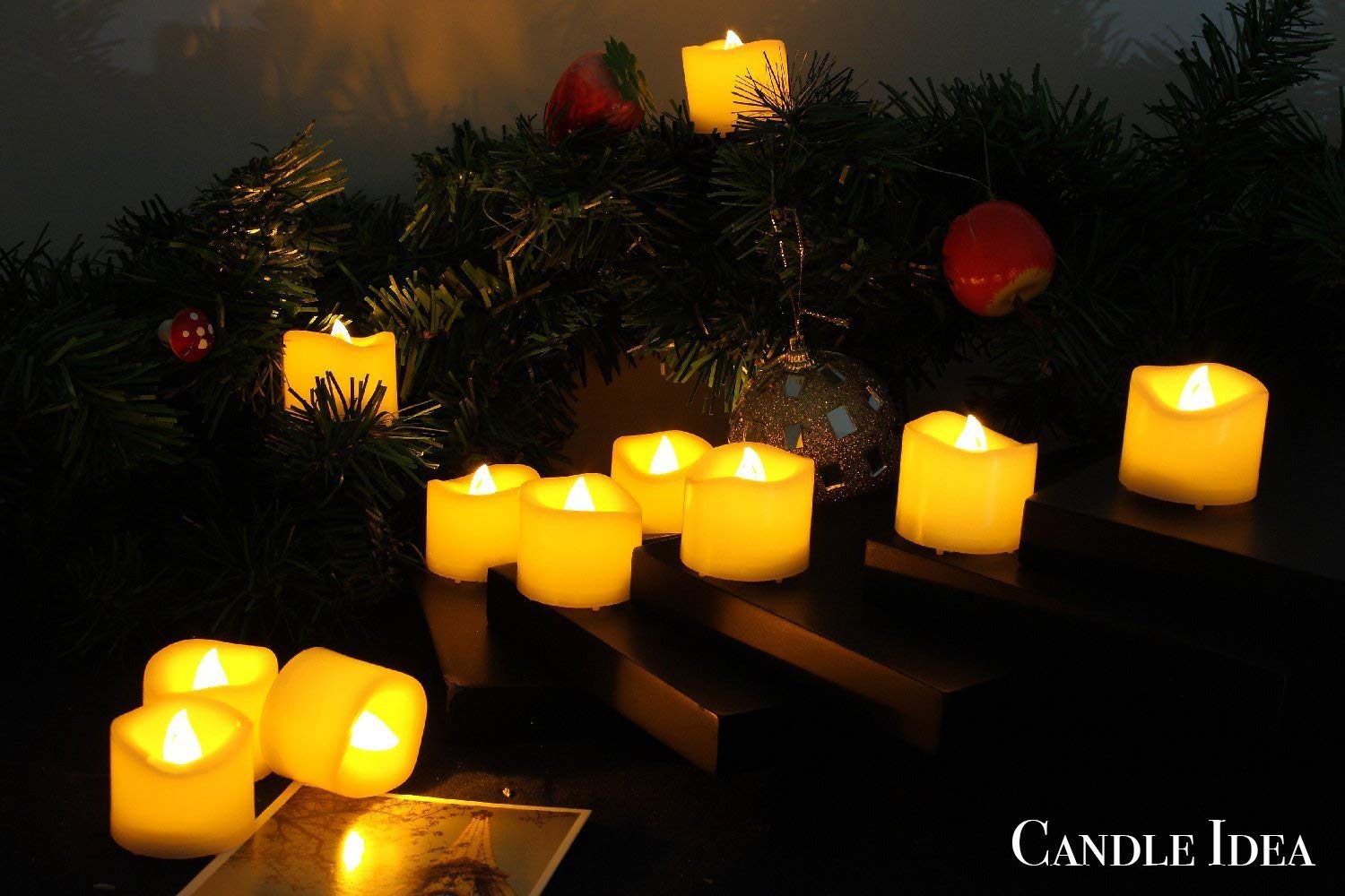 CANDLE IDEA Realistic Flame LED Tea Lights 12 Pack 1.5" x 1.5", Flameless Flickering Tea Candle Battery Operated/Electric Tealights Small LED Candles for Halloween, Christmas, Lantern Decorations