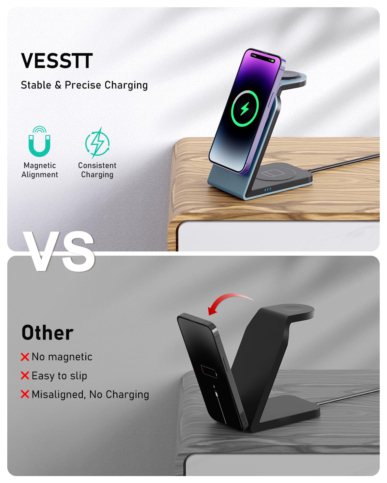Charging Station for Apple Wireless Charger 3 in 1: 2024 New Aluminum Alloy Magnetic Charger Stand Fast Charging Multiple Devices for AirPods, Apple Watch, iPhone 15 14 13 12 Pro/Pro Max/Plus/Mini