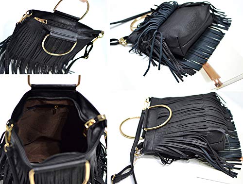 Ayliss Women Fringe Tassel Crossbody Bag Leather Shoulder Bag Hobo Handbag (Black)