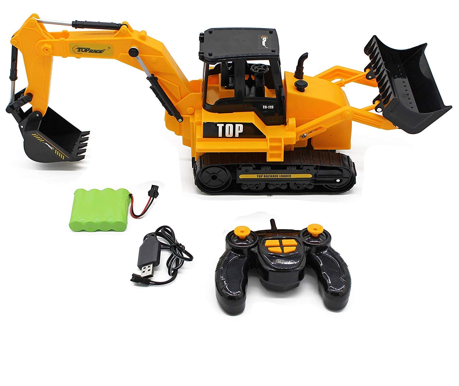 Top Race 8 Channel Full Functional Remote Control Excavator - Backhoe Toys for Boys - Battery Powered Electric RC Remote Control Construction Vehicles with Lights and Sound - for Kids Ages 3 and Up