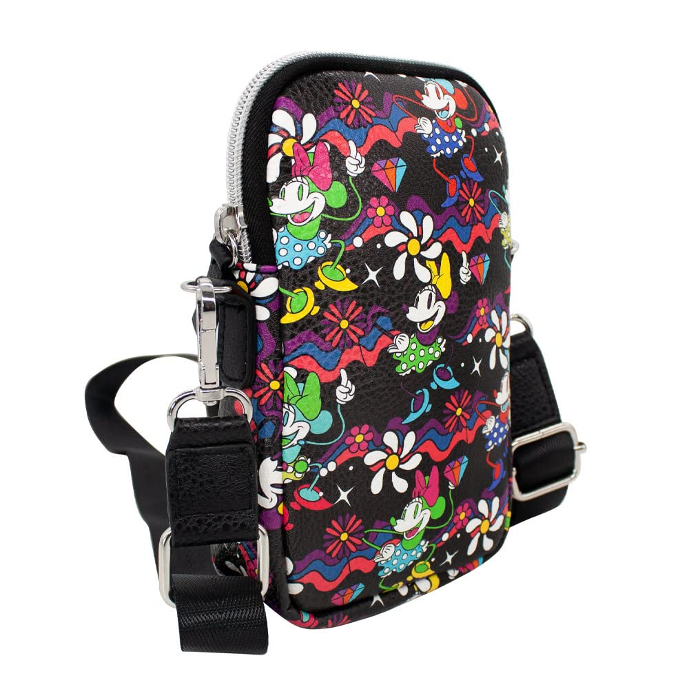 Buckle Down Wallet Phone Bag Holder-Minnie Mouse Style Dancing Pose Floral Collage Black/Multi Color