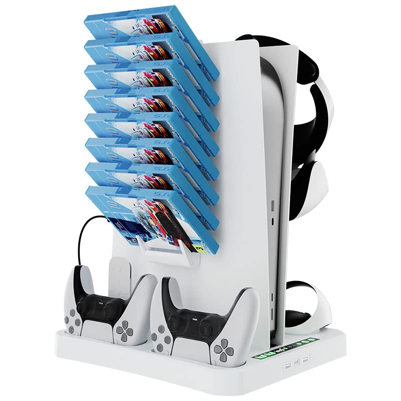 CNBEYOUNG All in One Magnetic Charging Station Dock for Controllers of PSVR 2&PS5, Storage Stand for PS5 Console with Dual Cooling Fan and Mount Holder for PS VR2 VR Headset and Game Slot