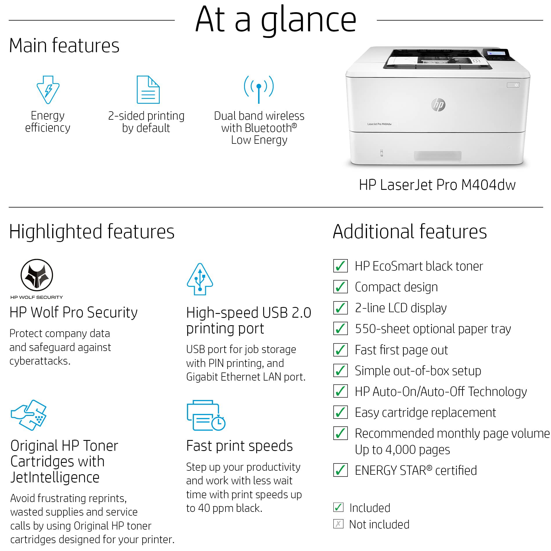 Broage NewHP Jet-Laser Pro M404dw Single-Function Wireless Monochrome Laser Printer, Green - Print only - 40 ppm, 1200 x 1200 dpi, 256MB RAM, Auto Duplex Printing, 8.5 x 14, Ethernet, USB, 2-line LCD