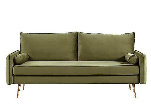 Container Furniture Direct Kent Modern Sofa, European Style Velvet Living Room Furniture with Tapered Legs, Vintage Flair, and Sleek Design, Couch, Olive Green