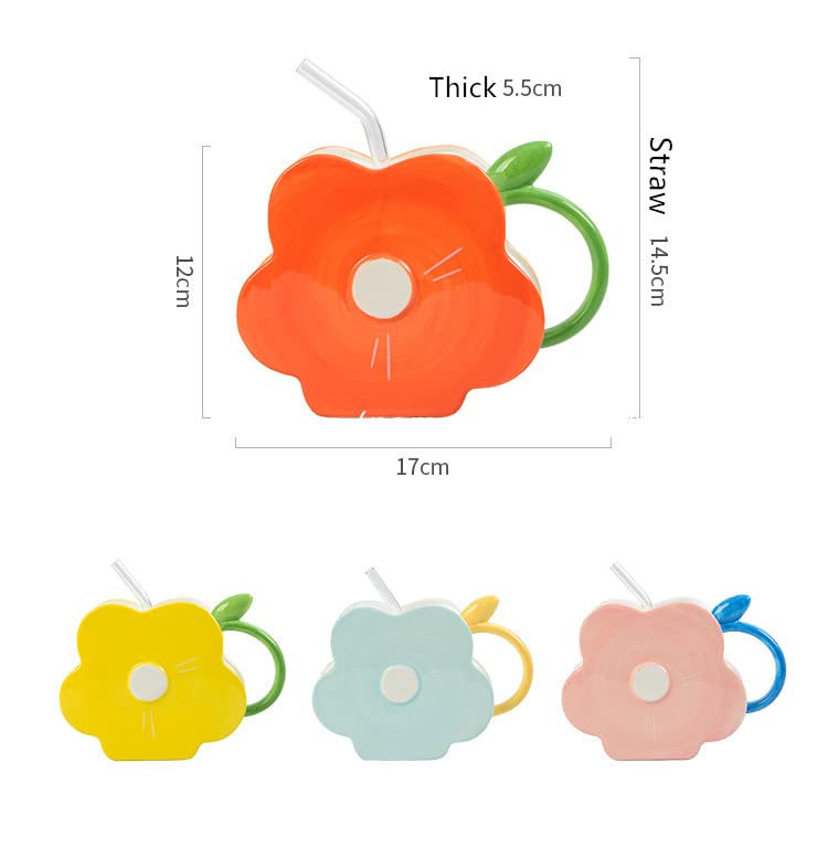 berjaya 13 oz Flower Shaped Ceramic Mug with Straw and Lid Large Capacity Coffee Home Decoration Gift (yellow)