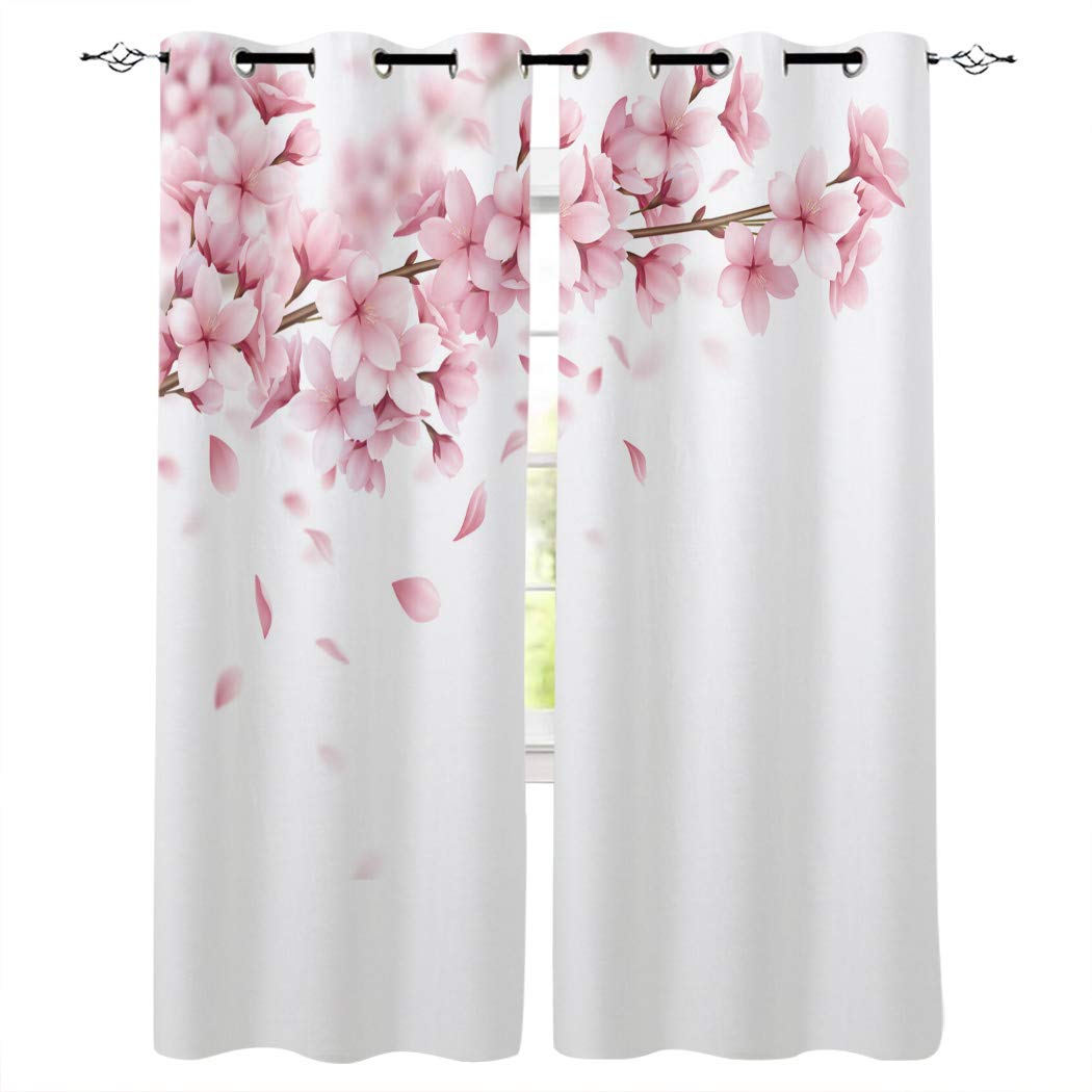 CHARMHOME Grommet Curtain Pink Cherry Blossom with Branches Garden Art Print Window Curtains Draperies for Bedroom and Living Room, Set of 2 Panels, 52 by 63-Inch