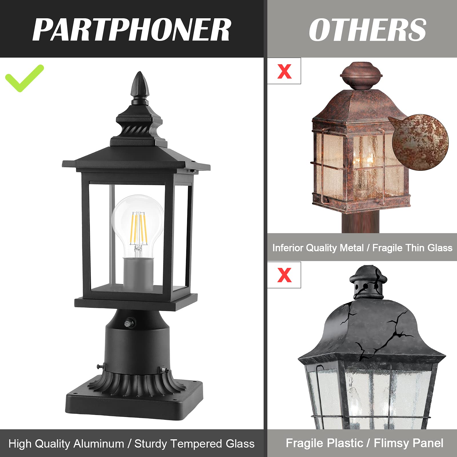 PARTPHONER Dusk to Dawn Outdoor Post Lights with Pier Mount Base, Waterproof Outside Pole Lantern Light Fixture, Exterior Lamp Post Lantern Head with Clear Glass Panels for Garden Patio, 2 Pack