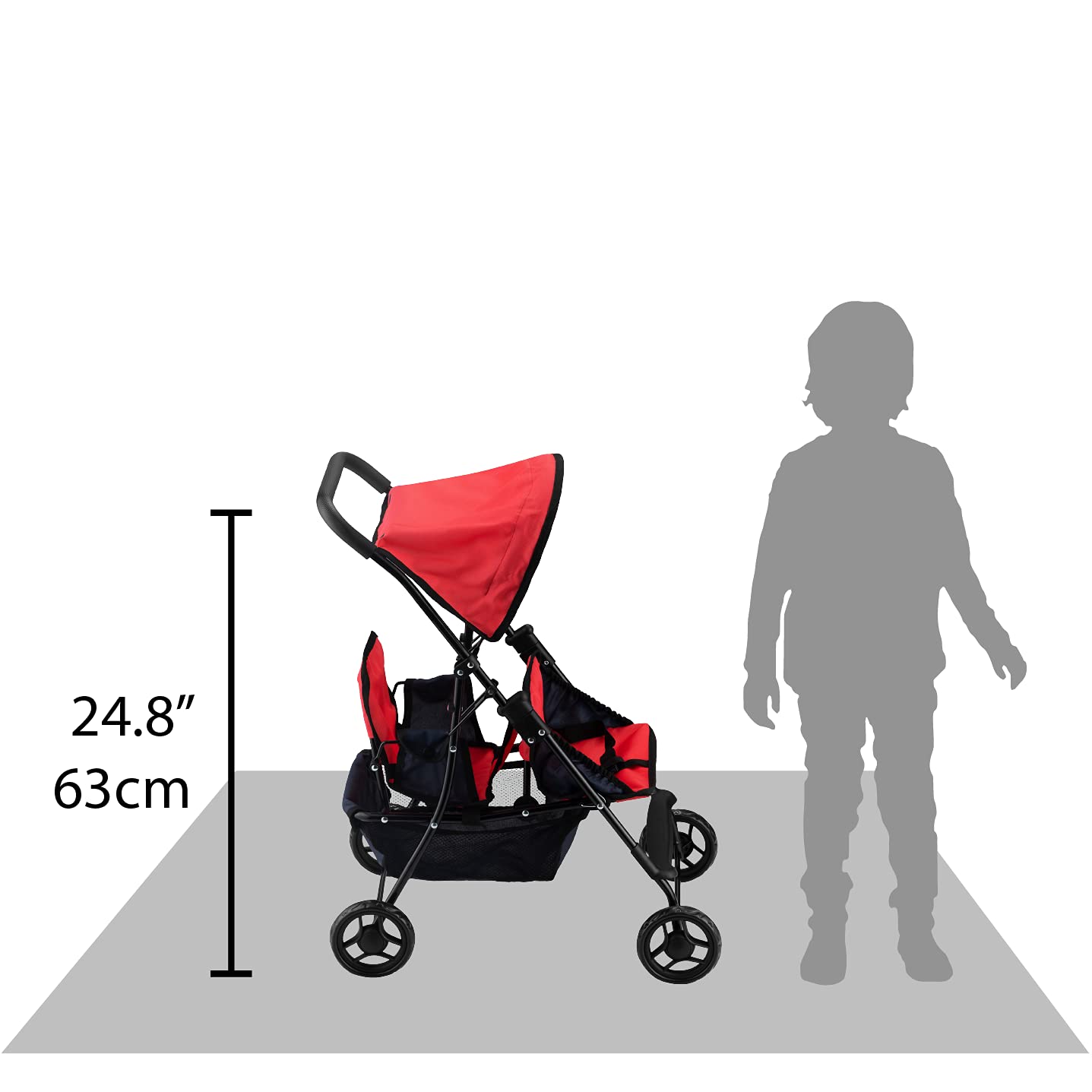 Hushlily® Tandem Double Doll Stroller with Adjustable Canopy & Basket, Foldable, with Smooth Rolling Wheels (Red & Blue)