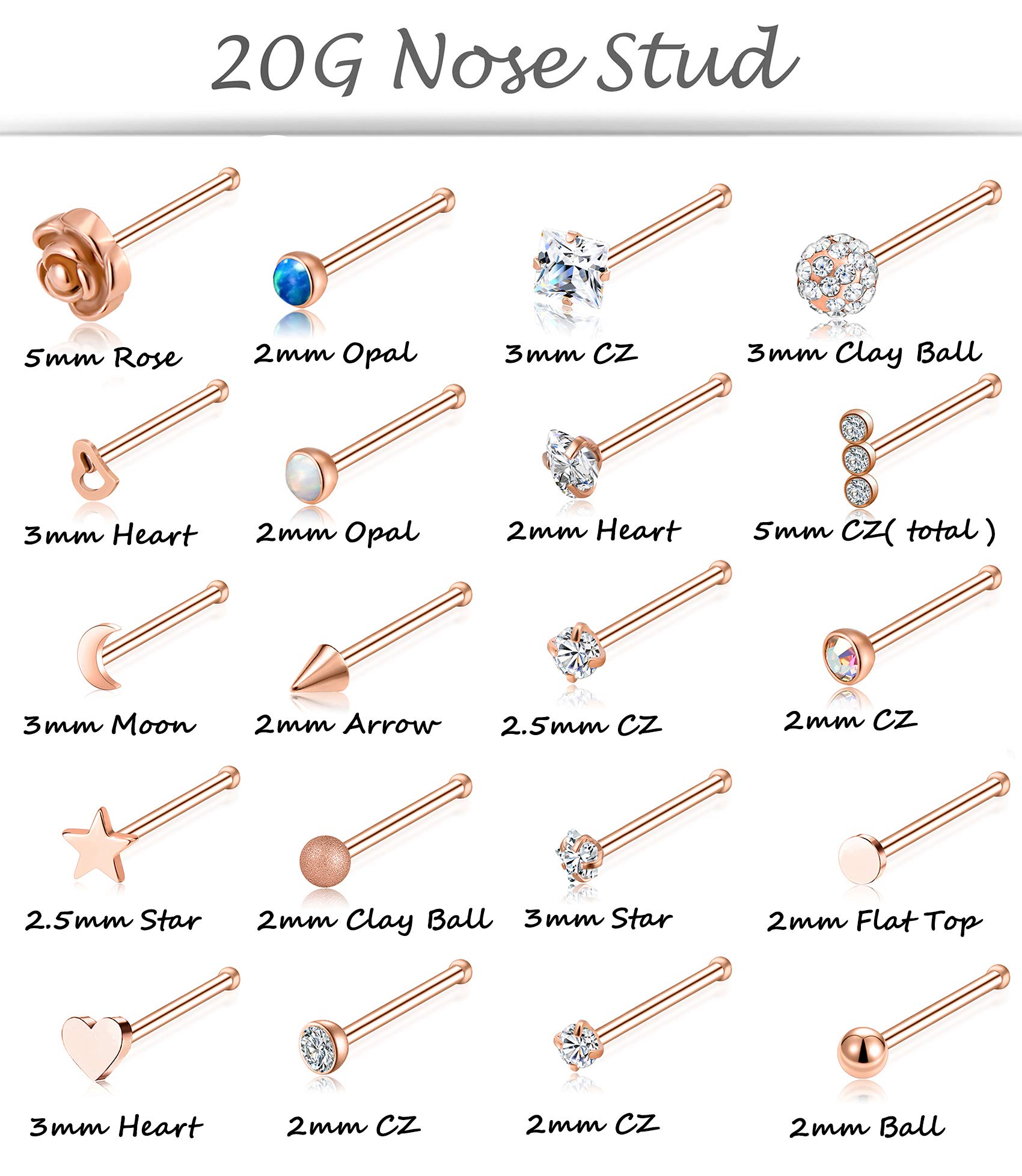 Tornito 20G 20Pcs Nose Ring CZ Nose Stud Retainer Bone Labret Nose Piercing Jewelry Set Stainless Steel Rose Gold Tone