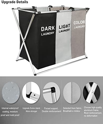 Laundry Cloth Hamper Sorter Basket Bin Foldable 3 Sections with Aluminum Frame Washing Storage Dirty Clothes Bag for Bathroom Bedroom Home Storage Basket (Black+Gray+Coffee, 3 Liner)