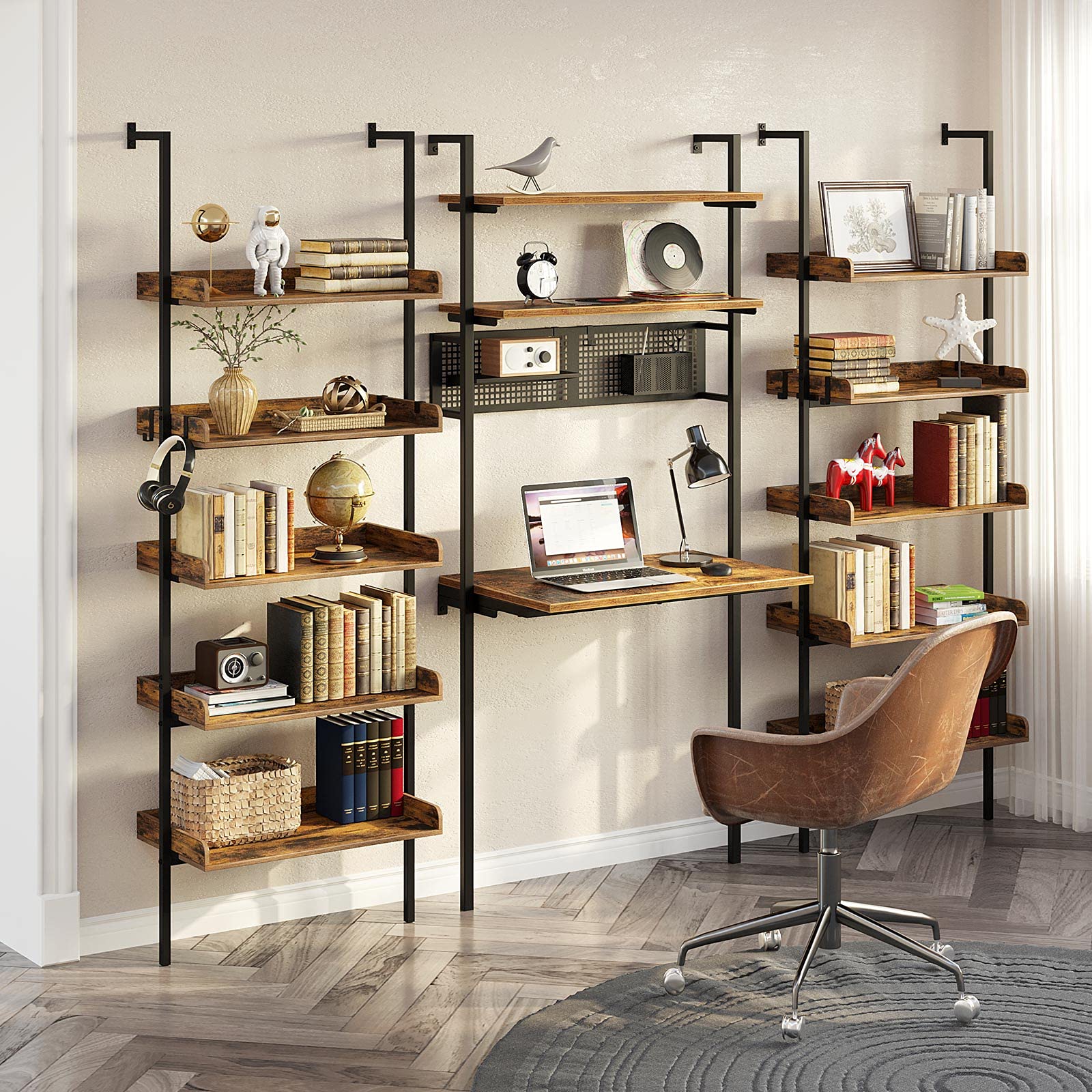 Rolanstar 5-Tier Bookshelf with 3 Hooks, Wall Mount Bookcase with Wooden Edge 72", Storage Rack with Open Shelves Display Plant Flower Stand Organizer for Living Room, Home Office, Rustic Brown