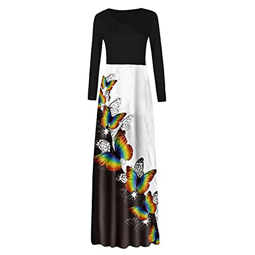 Butterfly Maxi Dress for Women Patterned Pleated Shift Dress Long Sleeve Round Neck Pockets Swing Dress White