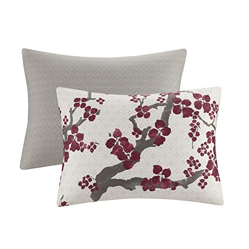 N Natori Cherry Blossom Duvet Cover Queen Size - Red, Grey , Cherry Blossom Duvet Cover Set β 3 Piece β 100% Cotton Sateen Light Weight Bed Comforter Covers