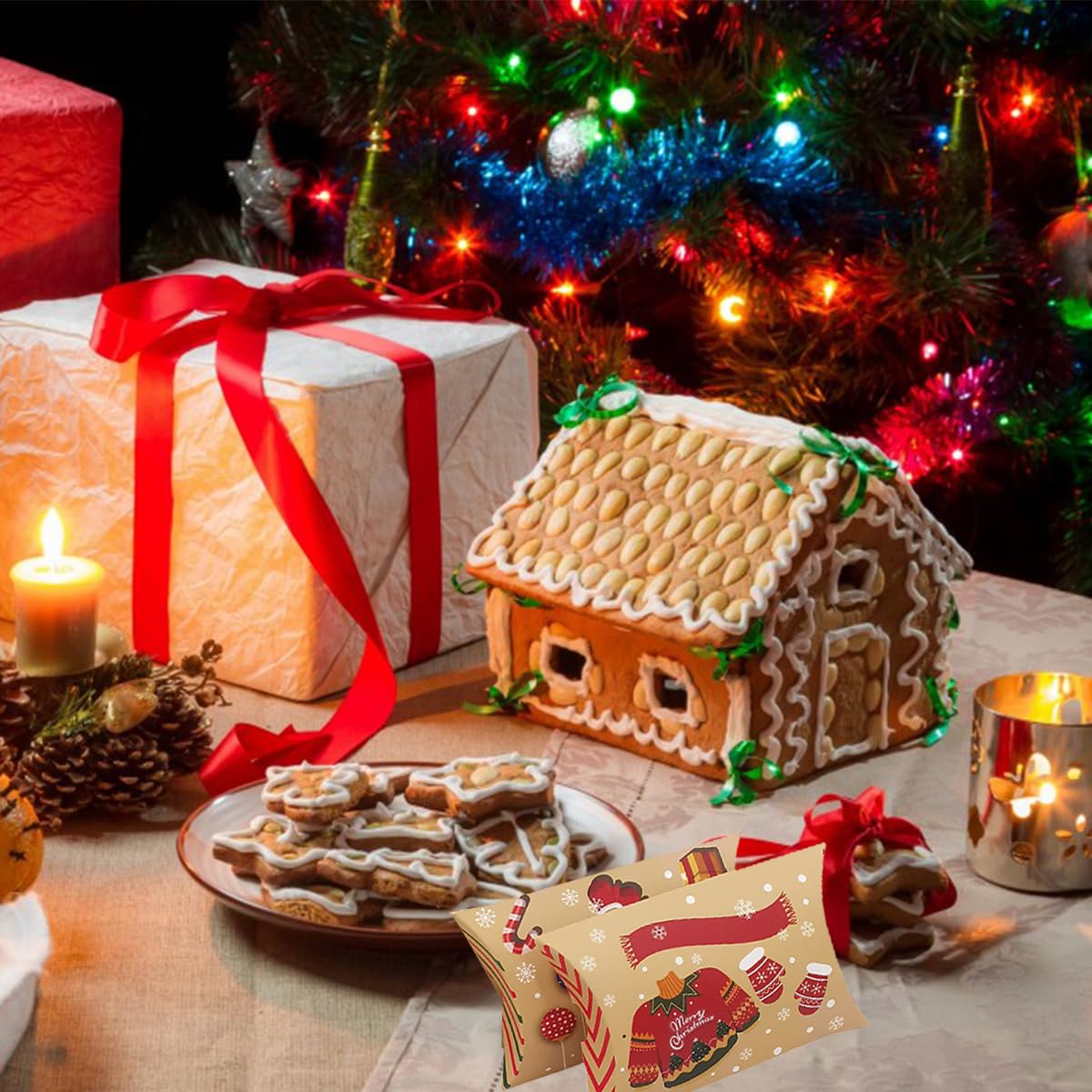 BWDCQMX Christmas Small Boxes Cookie Candy Boxes Gift Pillow Boxes Christmas Party Gift Boxes for Party Packaging Sweets Cakes Gifts Presents(24 pcs)