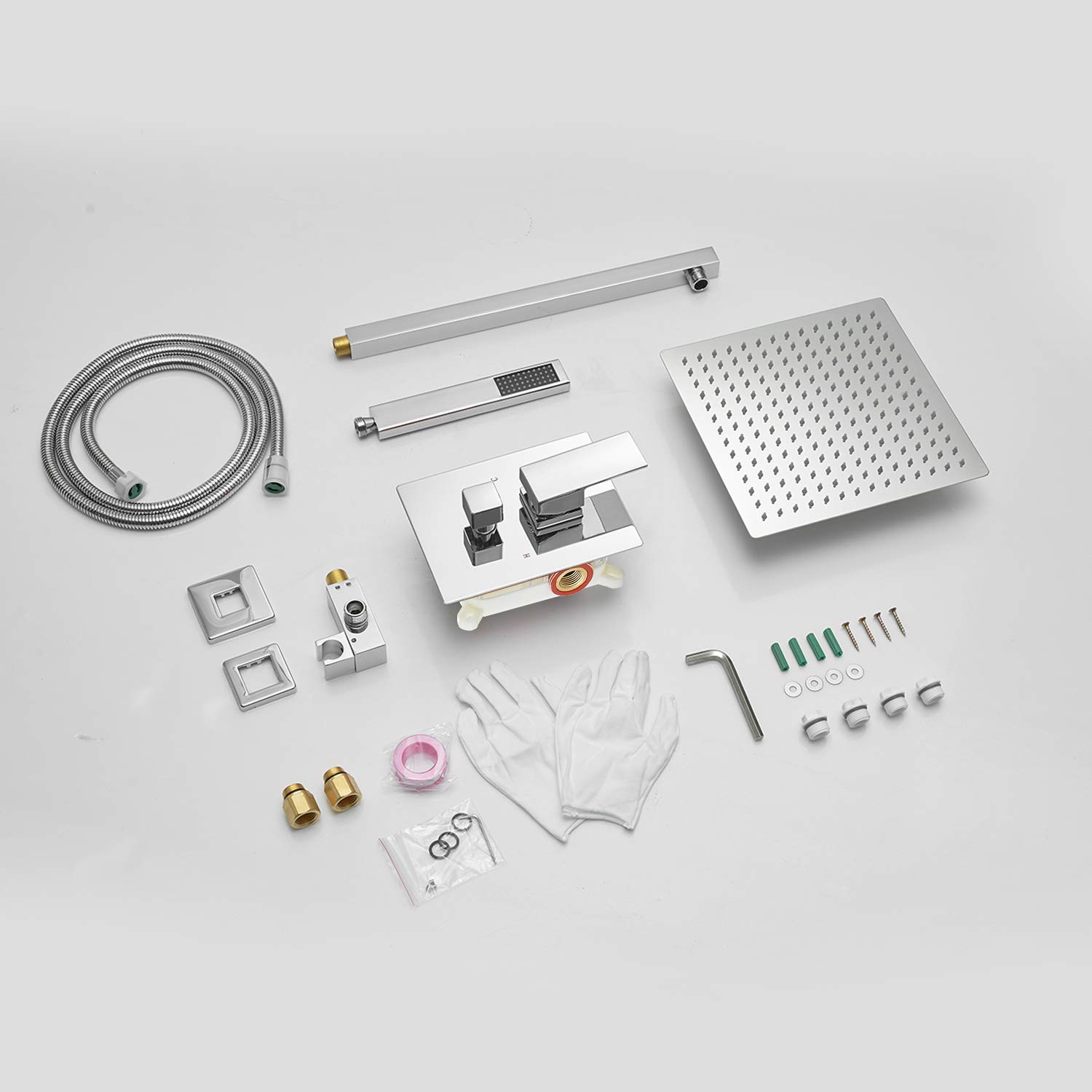 BWE 12 Inch Square Bathroom Luxury Rain Mixer Shower Combo Set Wall Mounted 2-Functions Rainfall Shower Head System Polished Chrome Shower Faucet Rough-in Valve Body and Trim Included