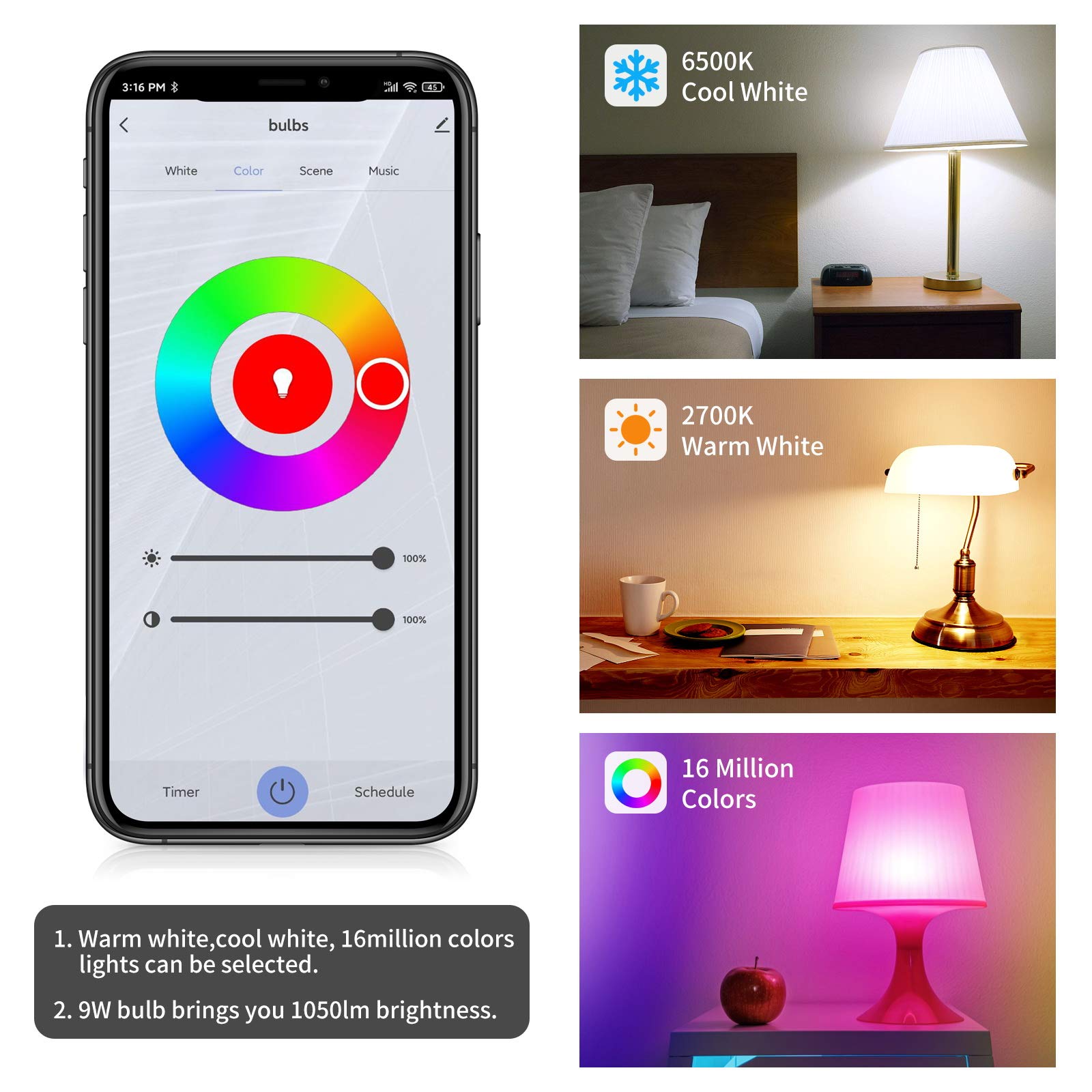 Bewahly Smart Light Bulbs, led Color Changing Candelabra Light Bulbs, E12, 4.5W,40W Equivalent,300 Lumen,RGB + CCT, Warm-Cold White Dimmable (2700K-6000K), Support WiFi/Alexa/Google Home (4Pack)