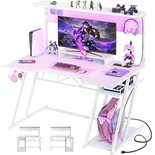 Gaming Computer Desk with Storage Shelves & Z-Shaped Legs, White Gaming Desk with Hutch and LED Lights, Reversible PC Gaming Desk with Pegboard for Bedroom & Small Spaces, Carbon Fiber Surface, 47''