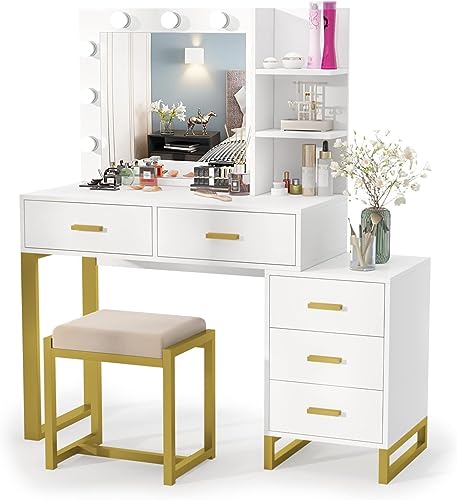 Hsozptry Makeup Vanity Desk with Mirror and Lights,Makeup Vanity Table Set with 5 Drawers,Cushioned Stool and Lightings, 45.51 inch Dressing Table for Bedroom Women Girls