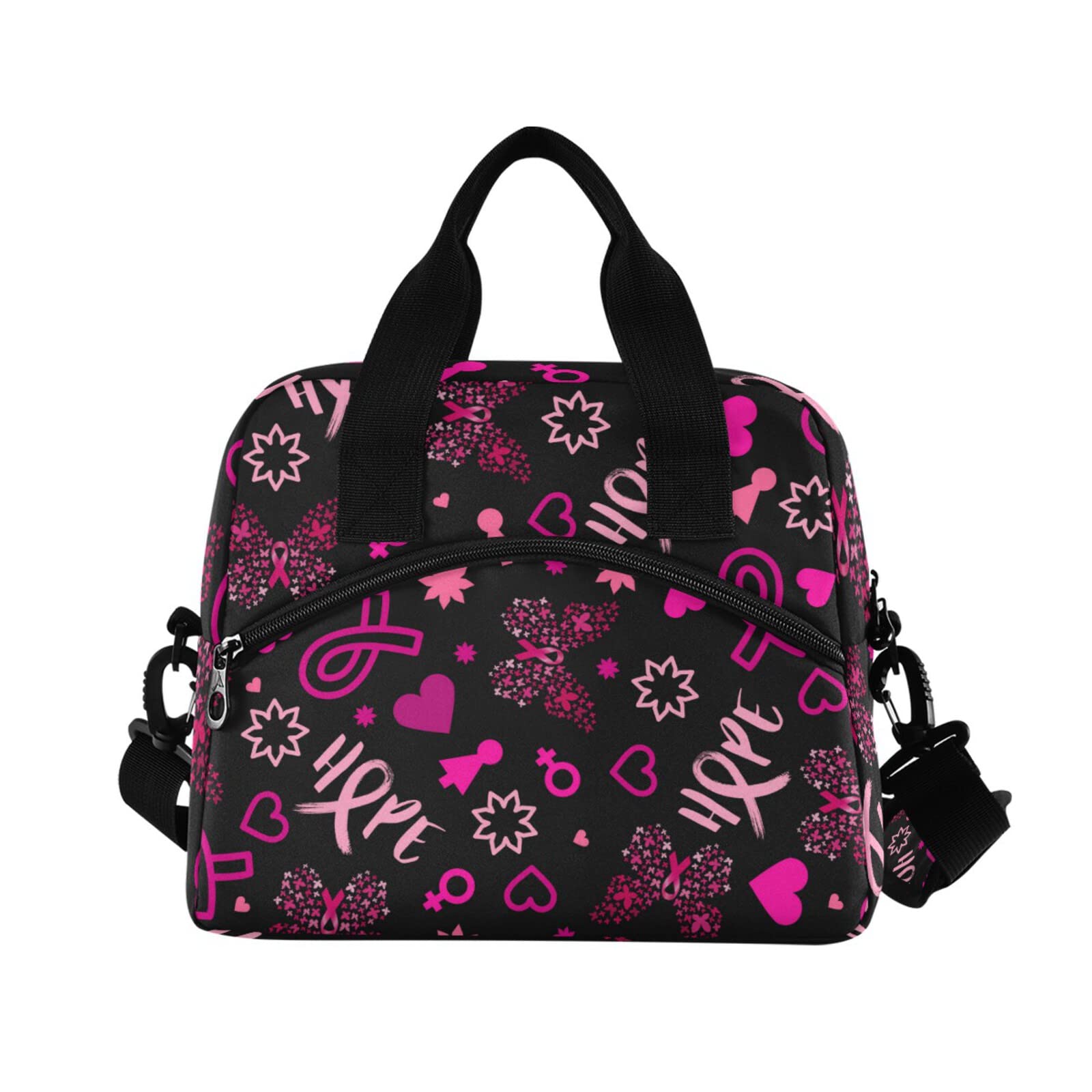 Breast Cancer Awareness Butterfly Lunch Bags for Women Men, Reusable Insulated Lunch Box, Adjustable Shoulder Straps Tote Lunch Bag for Work Picnic School